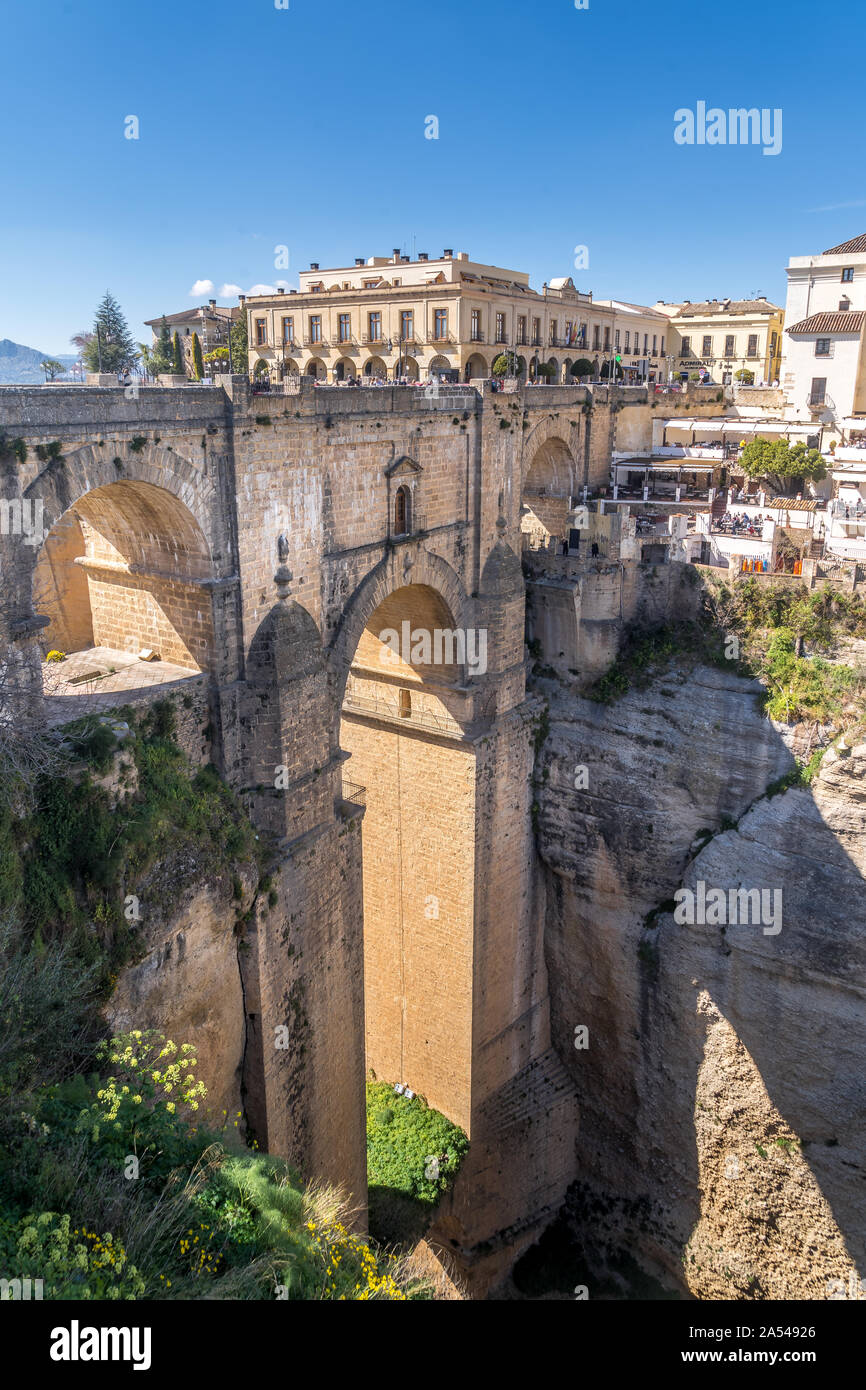 Ronda Spain aerial view of medieval hilltop town surrounded by walls ...