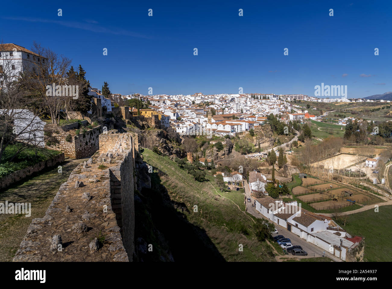Ronda Spain aerial view of medieval hilltop town surrounded by walls ...