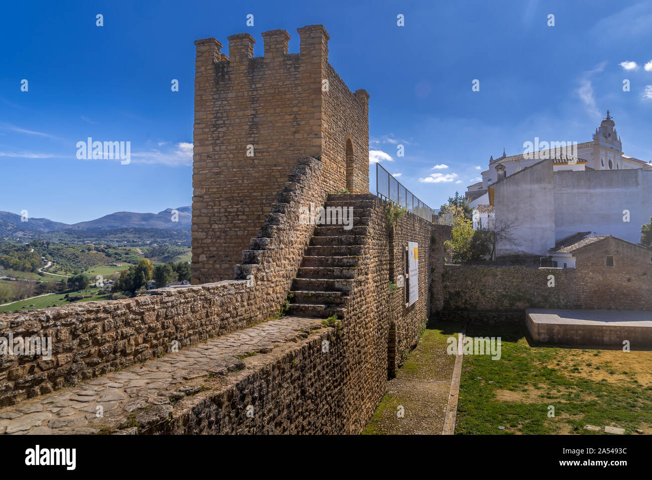 Ronda Spain aerial view of medieval hilltop town surrounded by walls ...