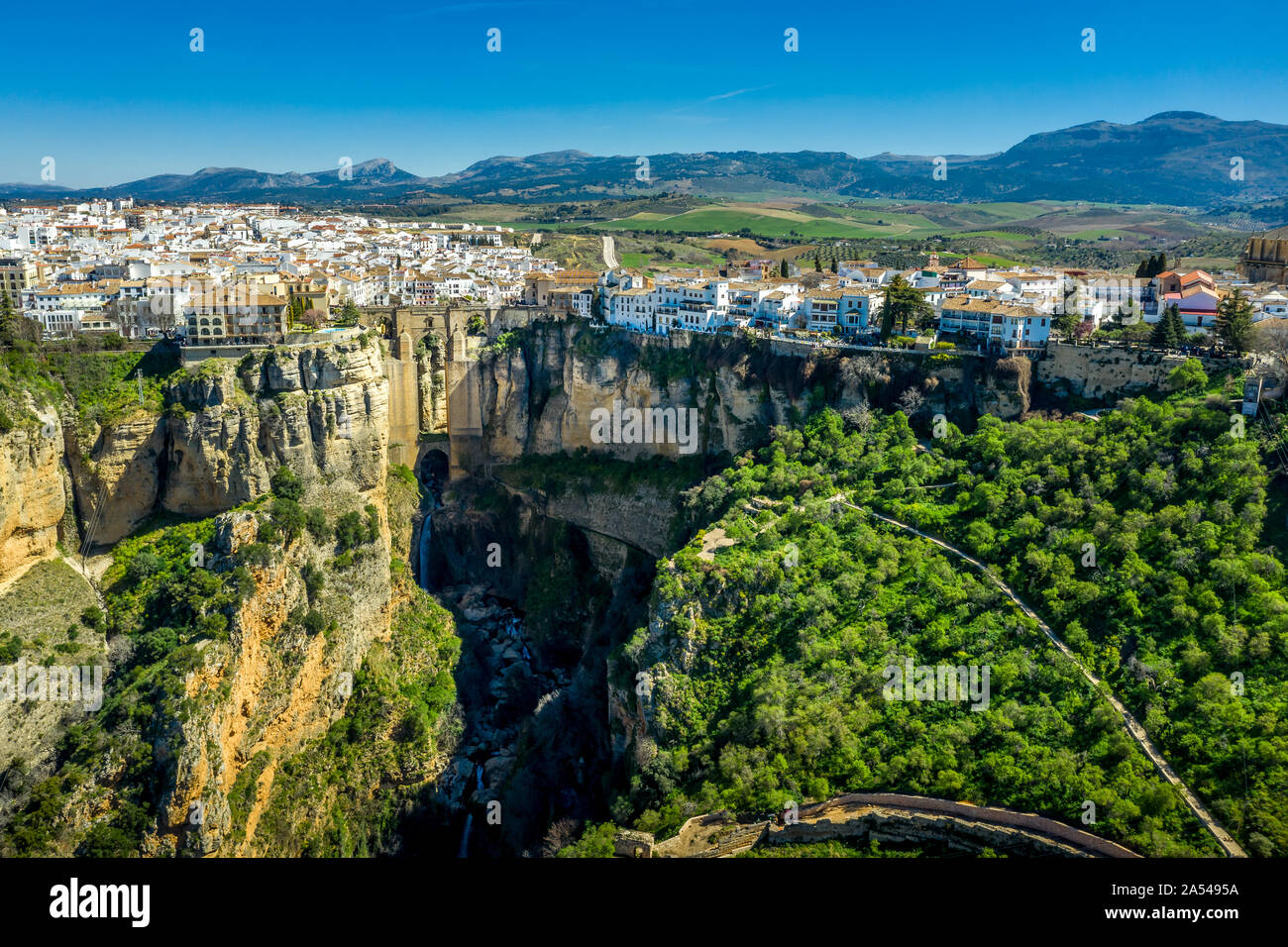 Ronda Spain aerial view of medieval hilltop town surrounded by walls ...