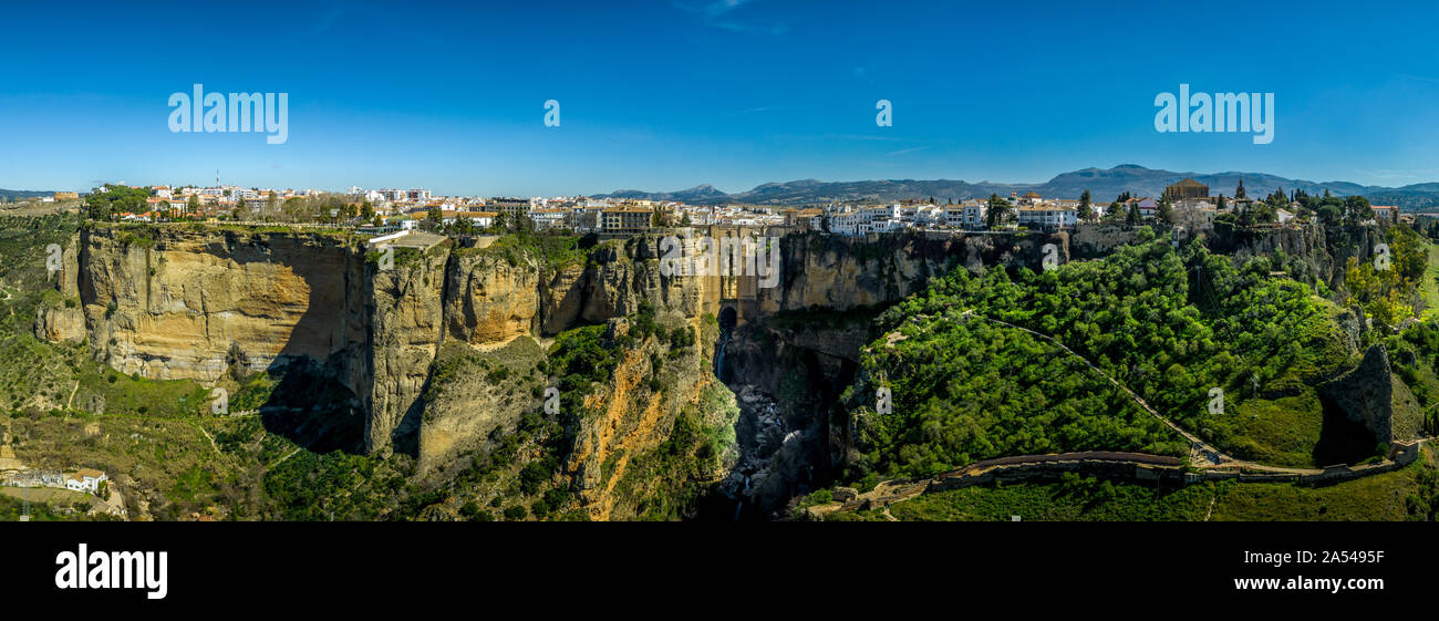 Ronda Spain aerial view of medieval hilltop town surrounded by walls ...