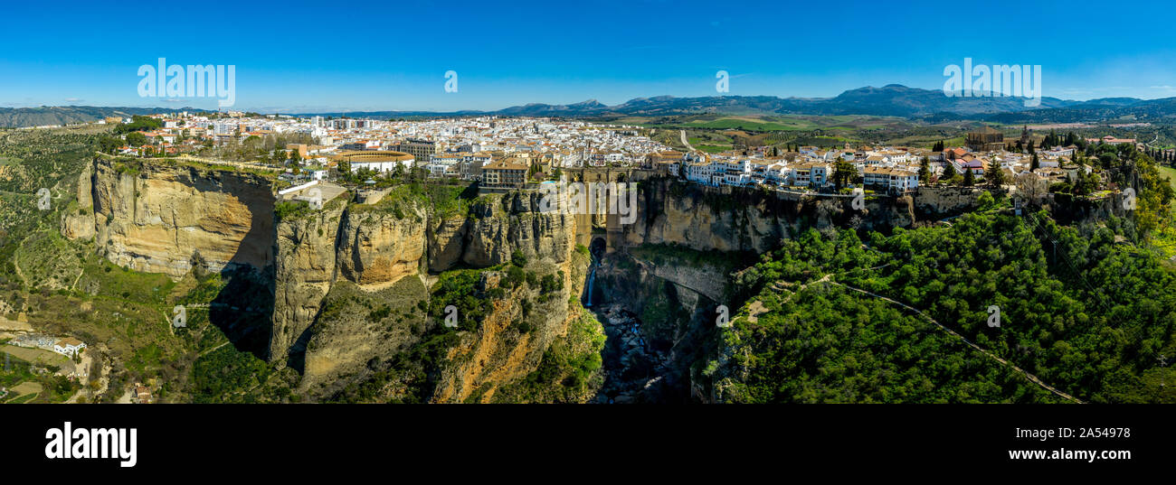 Ronda Spain aerial view of medieval hilltop town surrounded by walls ...