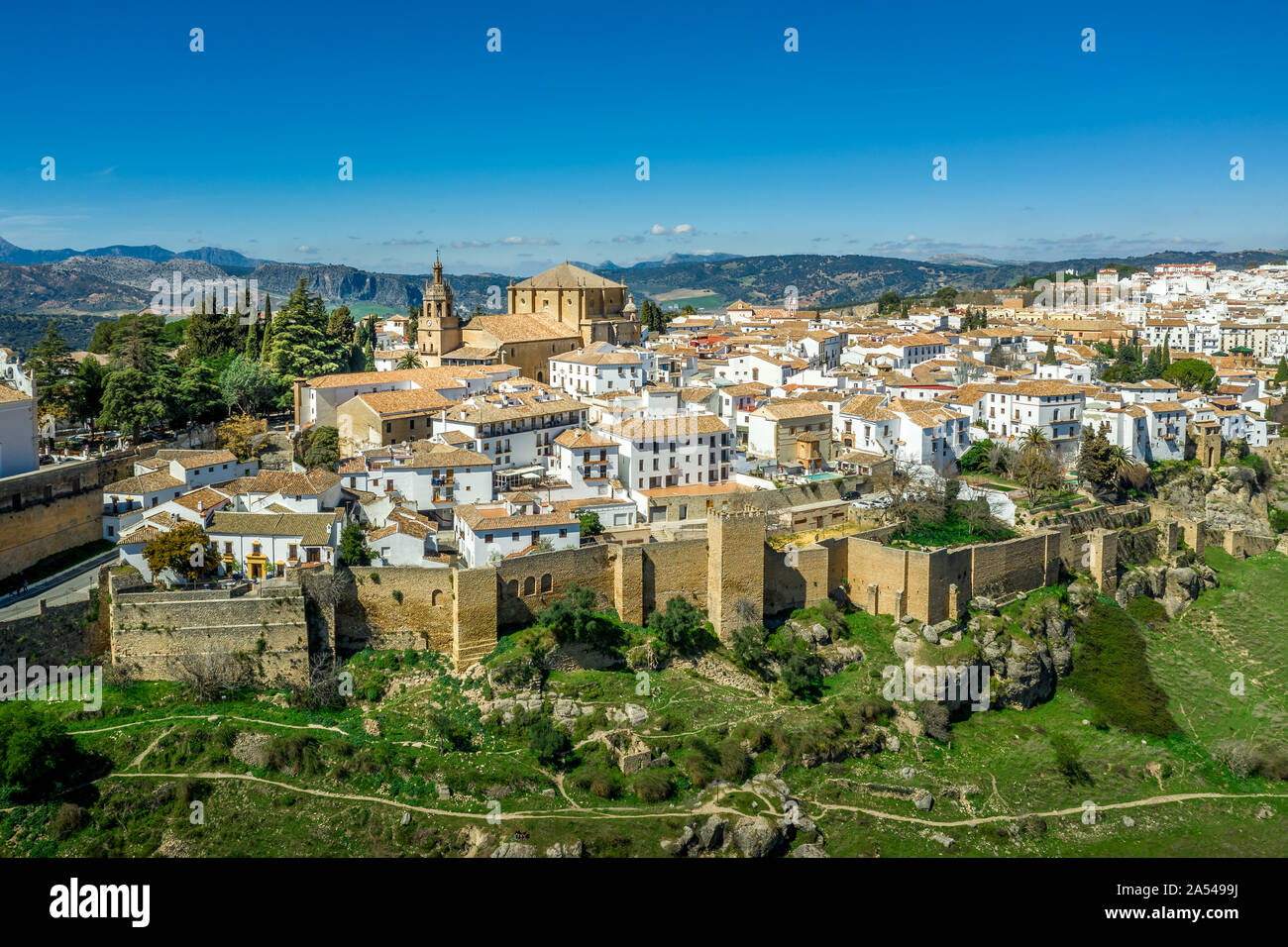 Ronda Spain aerial view of medieval hilltop town surrounded by walls ...