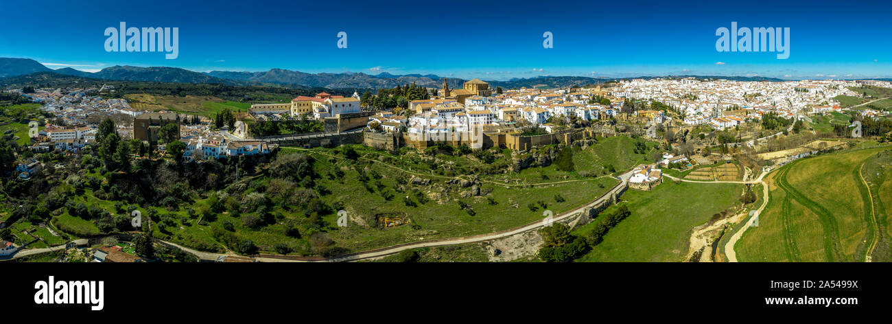 Ronda Spain aerial view of medieval hilltop town surrounded by walls ...
