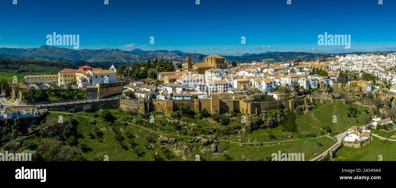 Ronda Spain aerial view of medieval hilltop town surrounded by walls ...