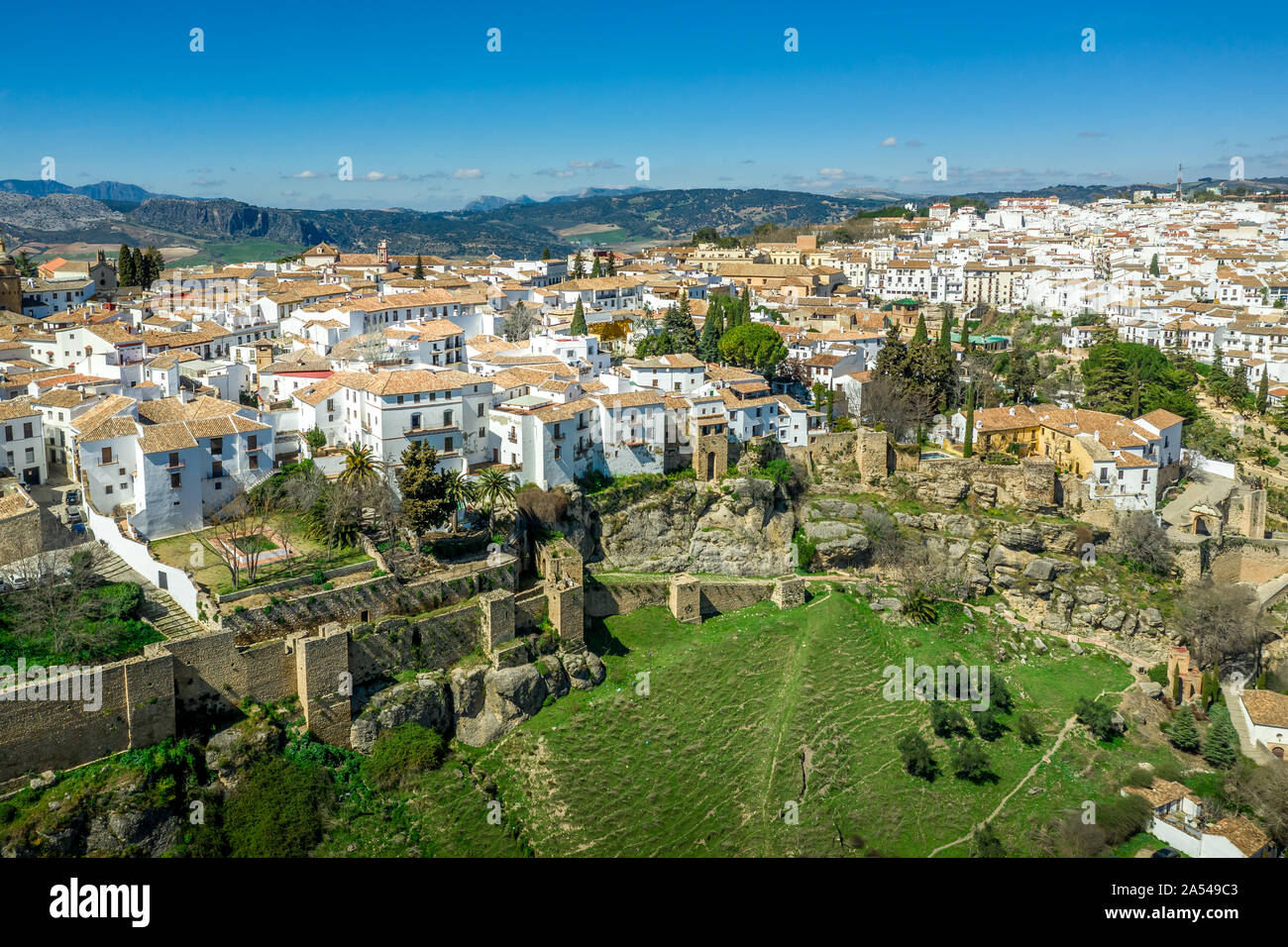 Ronda Spain aerial view of medieval hilltop town surrounded by walls ...