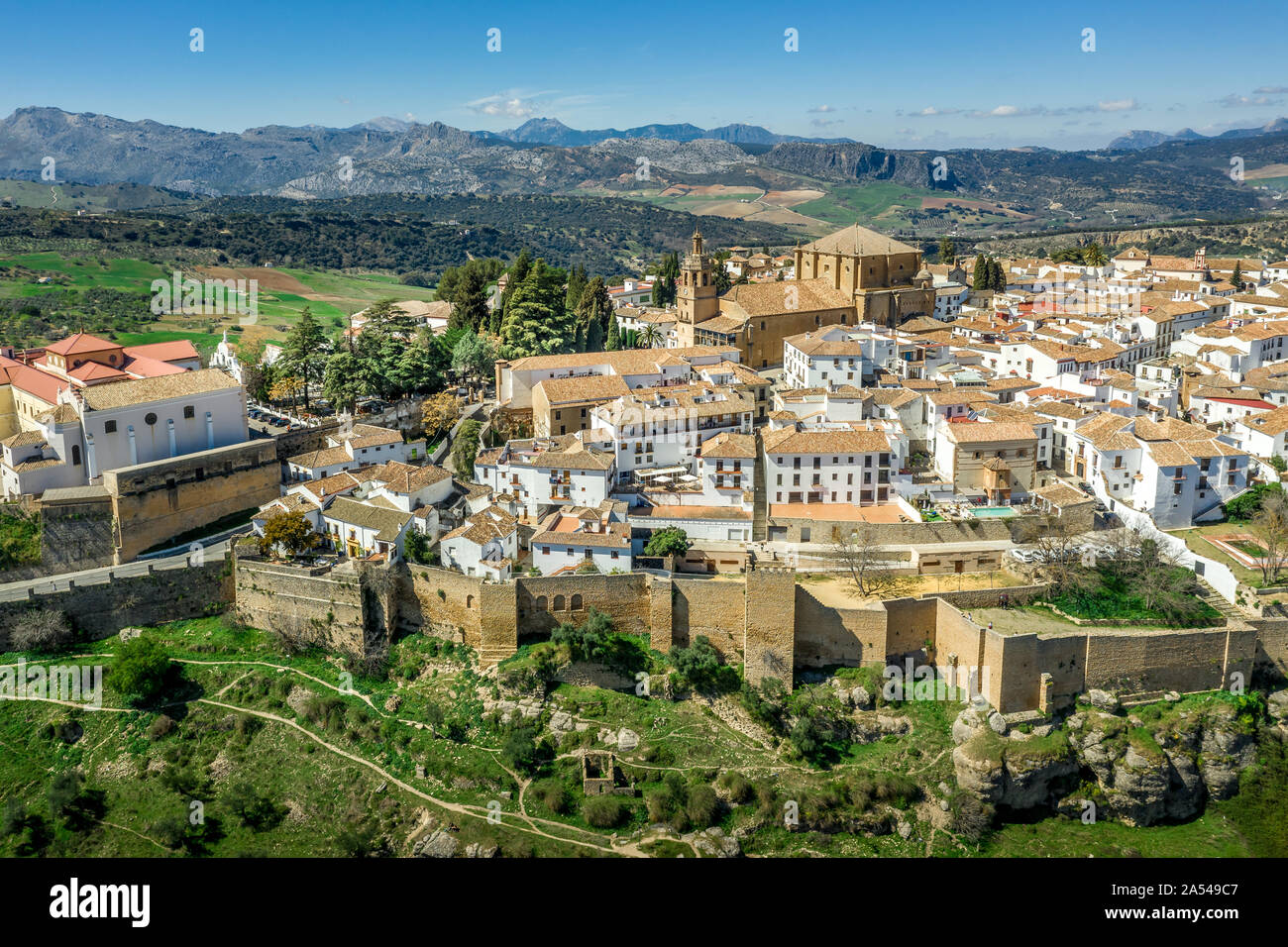 Ronda Spain aerial view of medieval hilltop town surrounded by walls ...