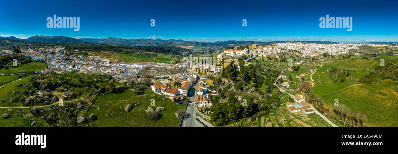 Ronda Spain aerial view of medieval hilltop town surrounded by walls ...