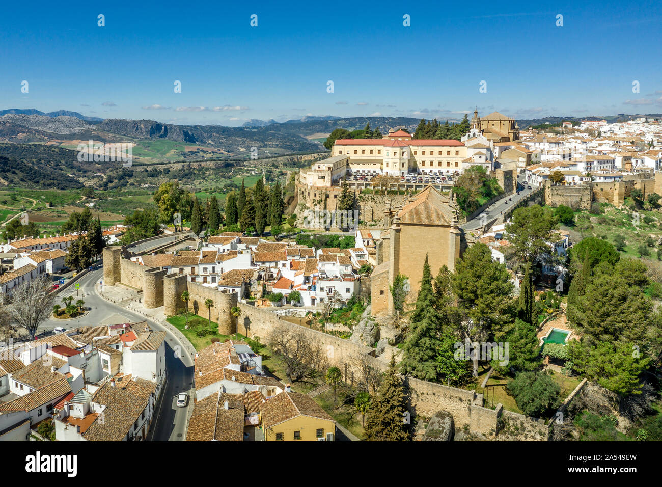Ronda Spain aerial view of medieval hilltop town surrounded by walls ...