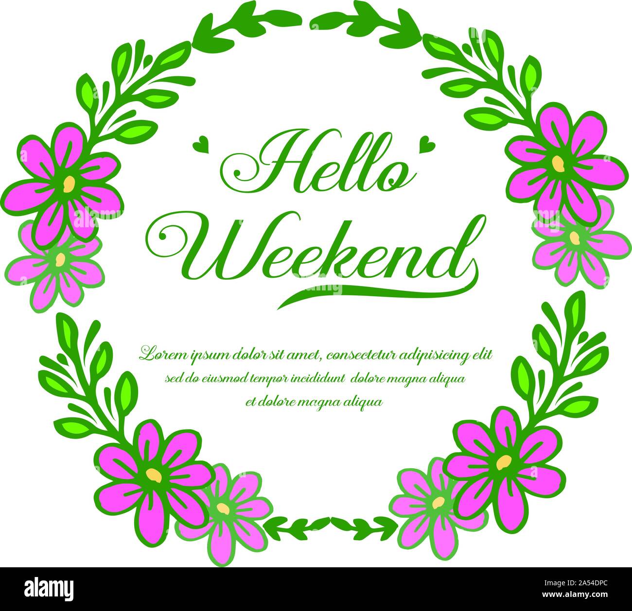 Poster hello weekend, with shape of pink flower frame elegant. Vector ...