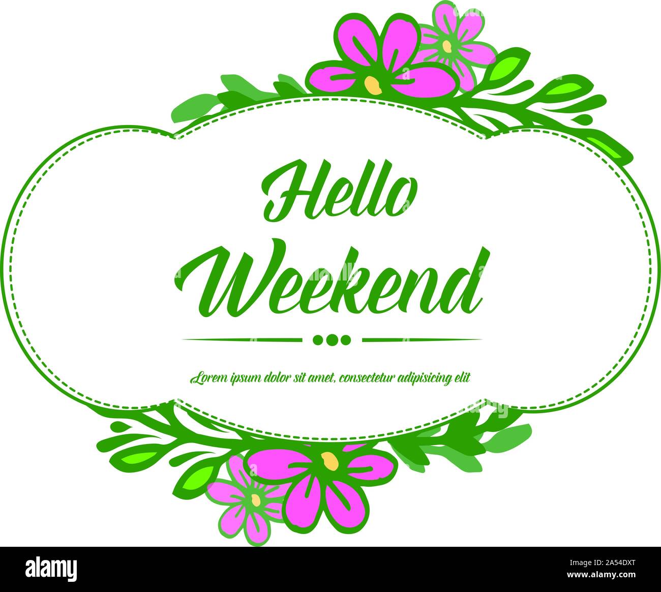 Modern lettering hello weekend, with beautiful pink wreath frame ...