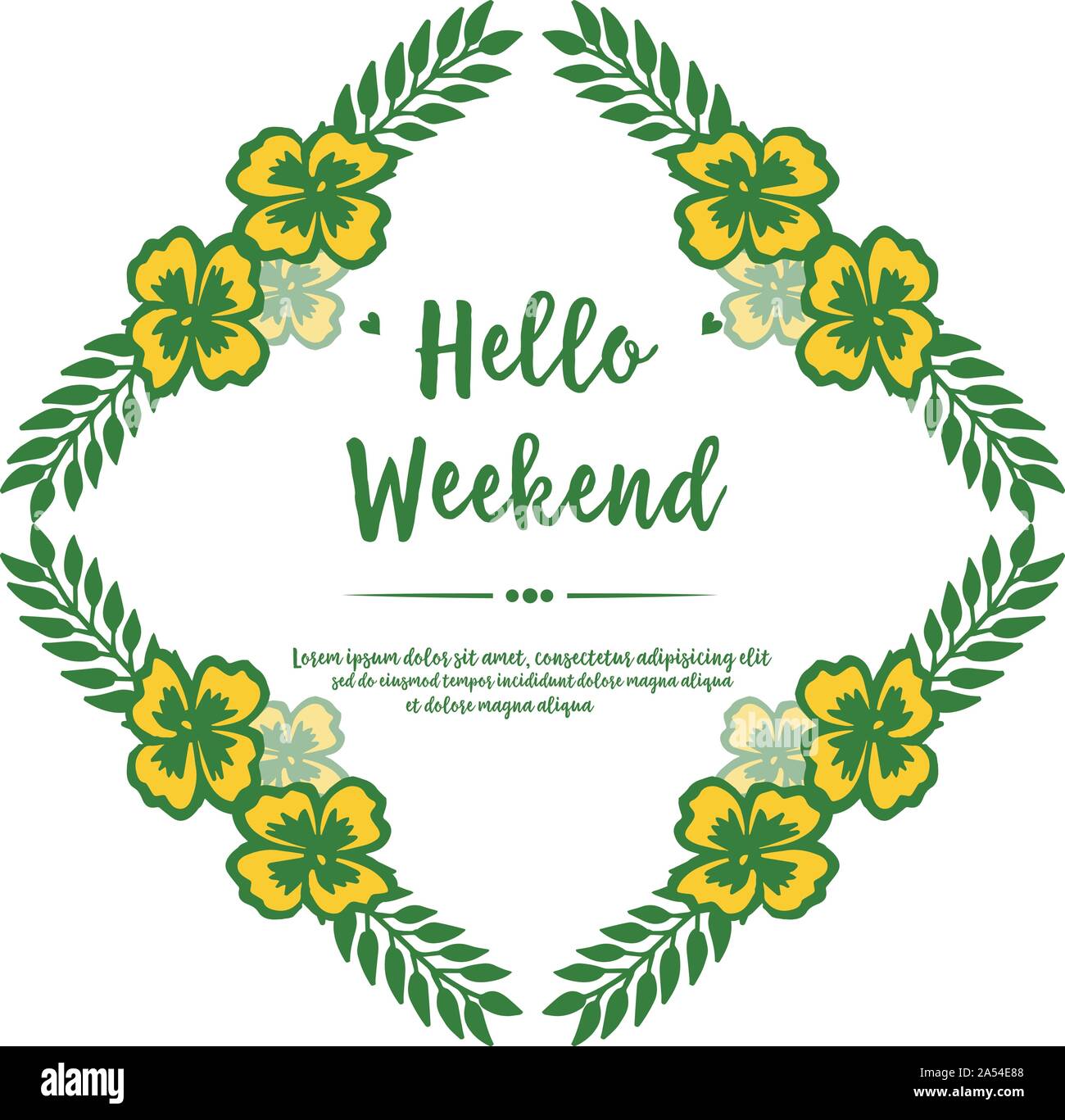 Handwritten hello weekend, with modern yellow flower frame. Vector ...