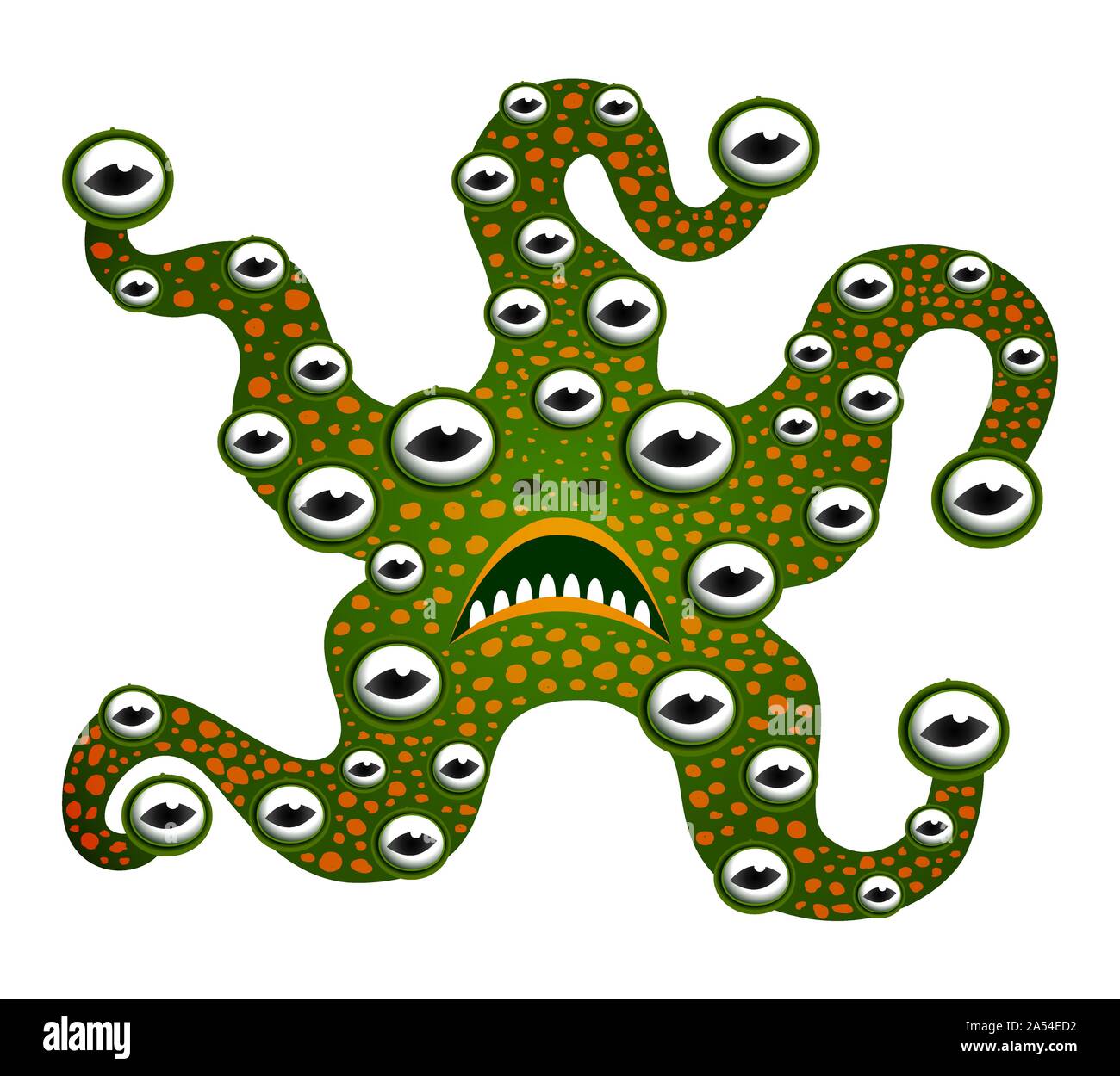 Funny monster mutant starfish with teeth and a lot of eyes Green alien ...