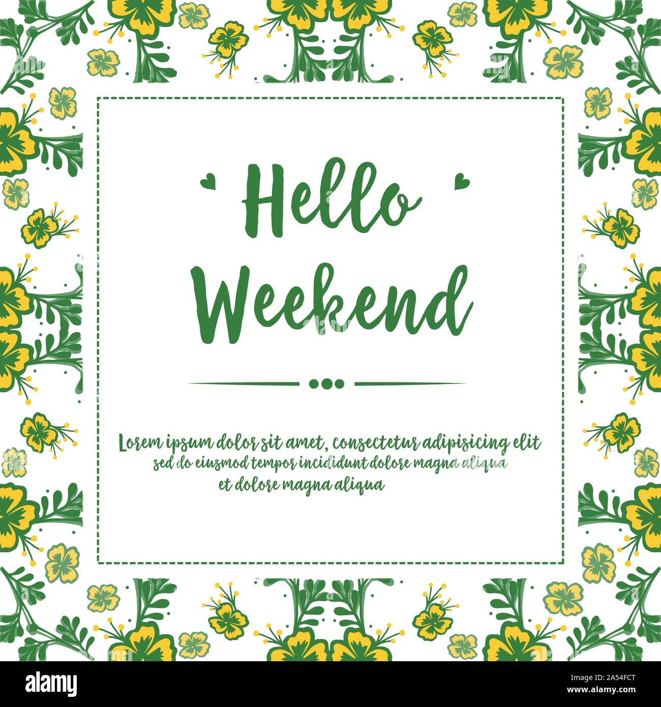 Design poster hello weekend, with motif art of yellow wreath frame ...