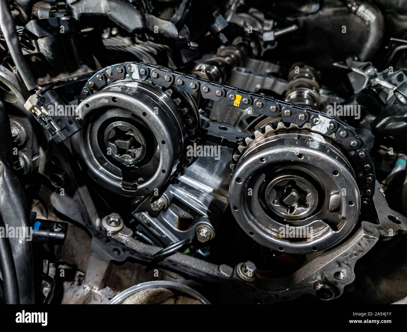 Close-up on a disassembled engine with a view of the gas distribution ...