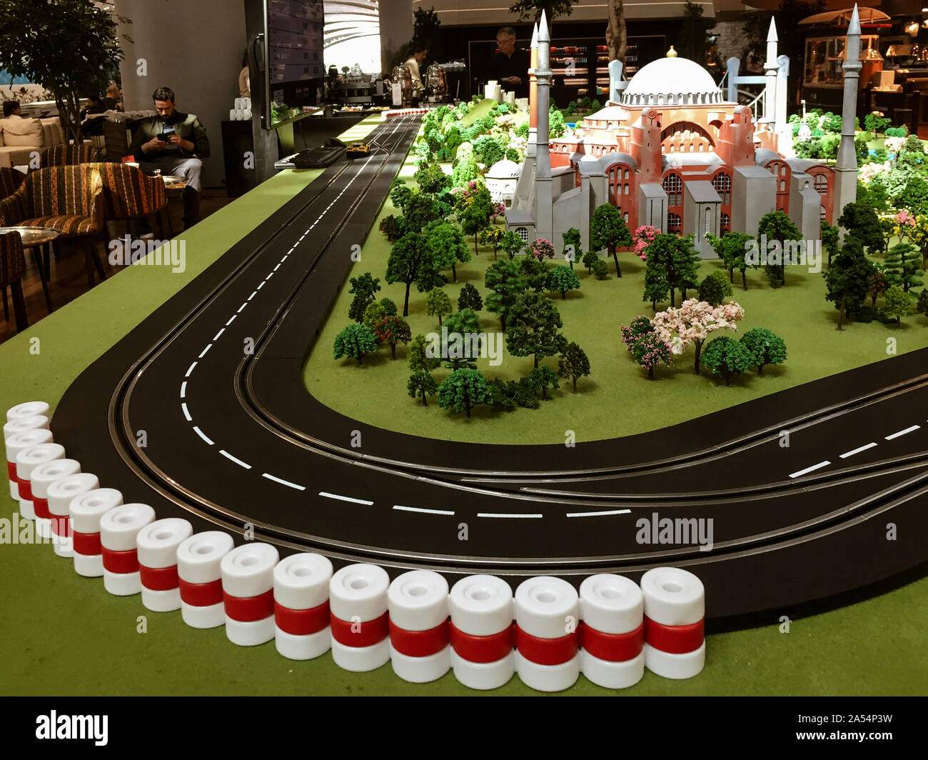 Istanbul, Turkey - 2019-05-04 - airport lounge model car racetrack ...