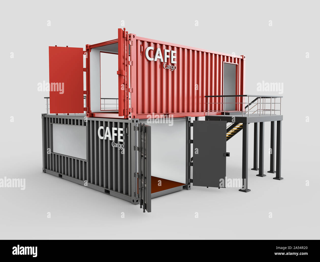 Converted old shipping container into cafe, 3d Illustration isolated ...