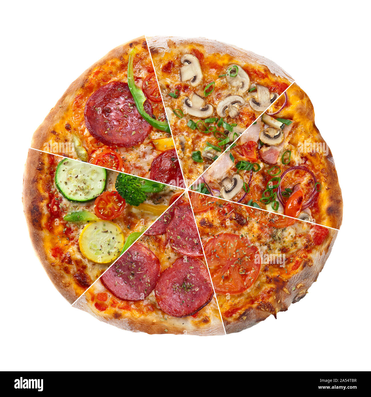 Collage of different fresh pizzas. Six pieces of different pizzas. Top ... Collage of different fresh pizzas. Six pieces of different pizzas. Top ...