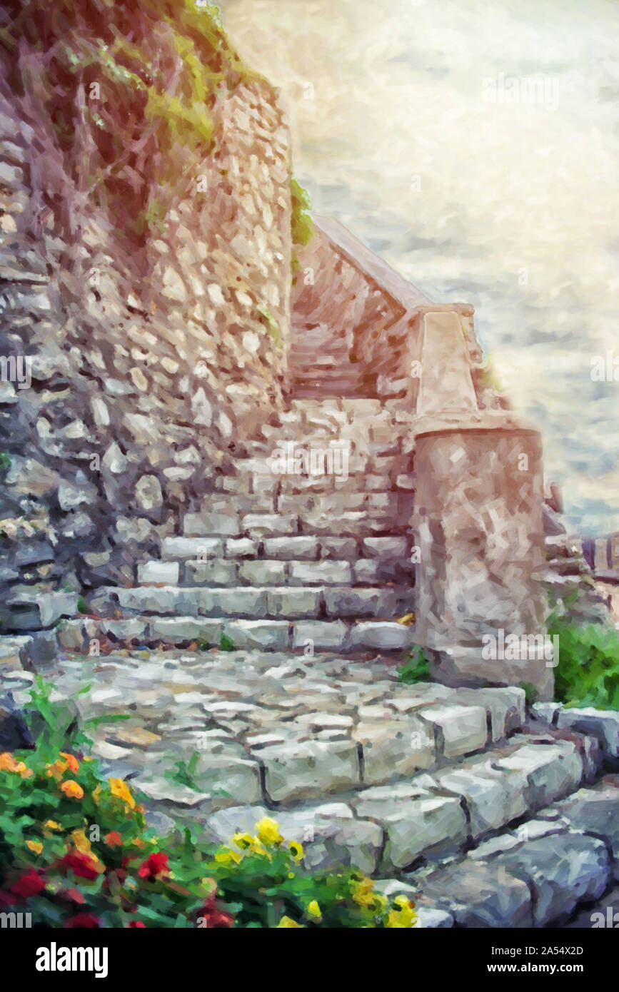 Close up on old ancient medival stone stairs, painting effect Stock ...