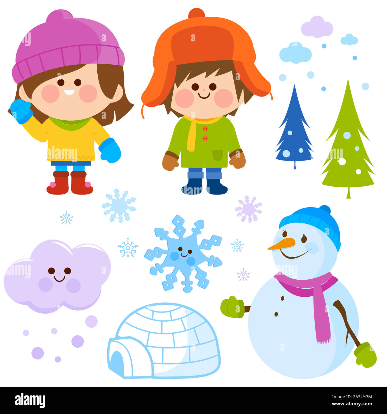 Winter set with children in warm winter season clothes, snowman, igloo ...