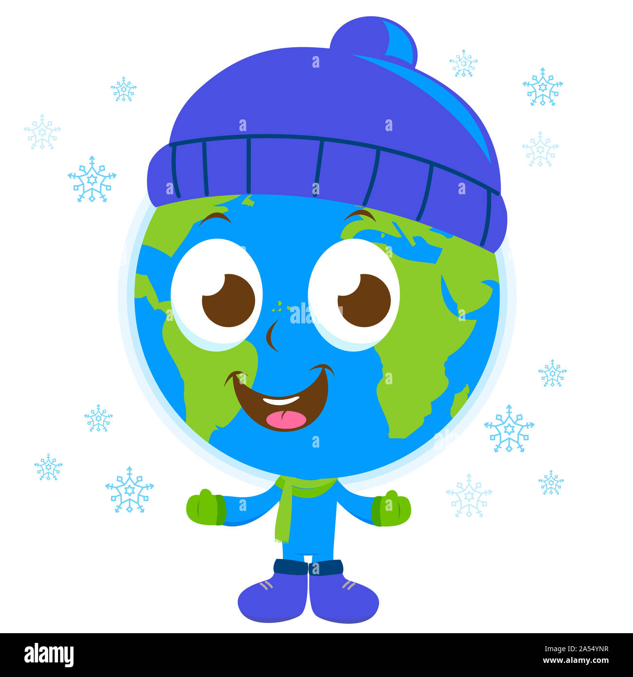 Cartoon planet earth with a hat and scarf in the snow in winter getting ...
