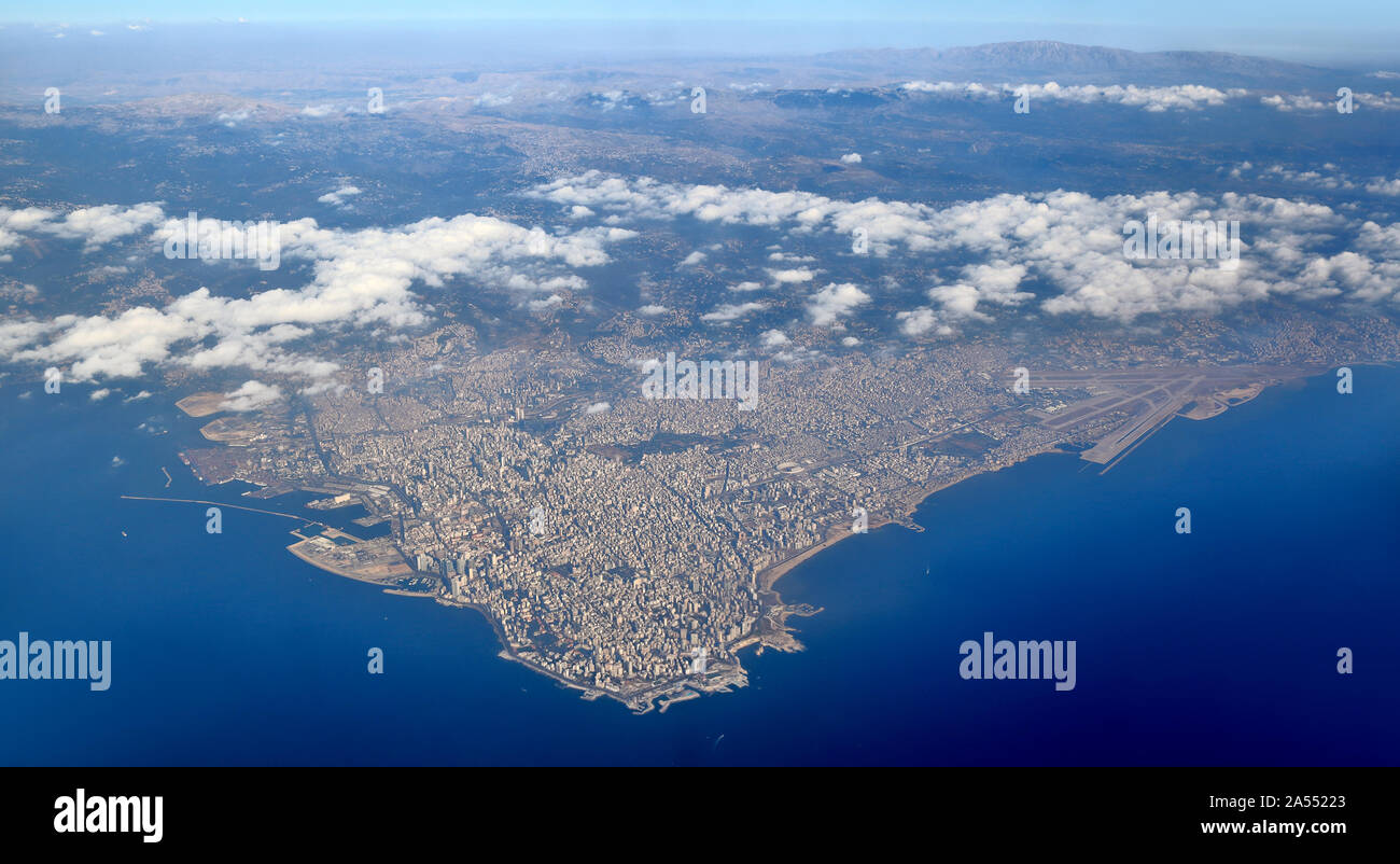 Aerial view of the Lebanese coastline at the city of Beirut, with Mt ...