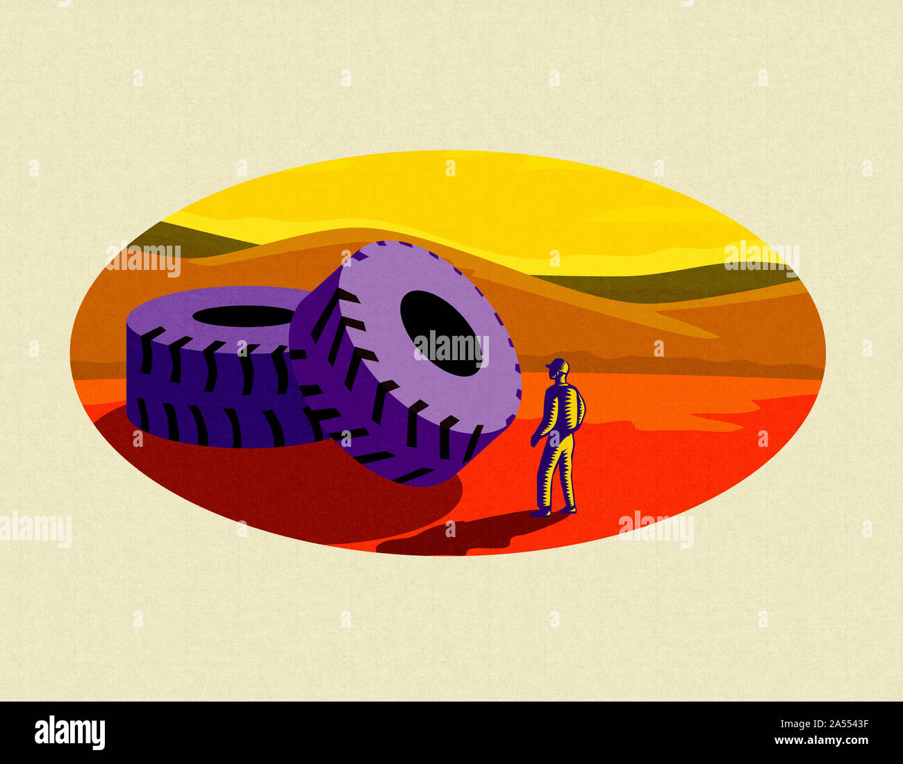 Retro style illustration of a giant mining truck tire with miner ...