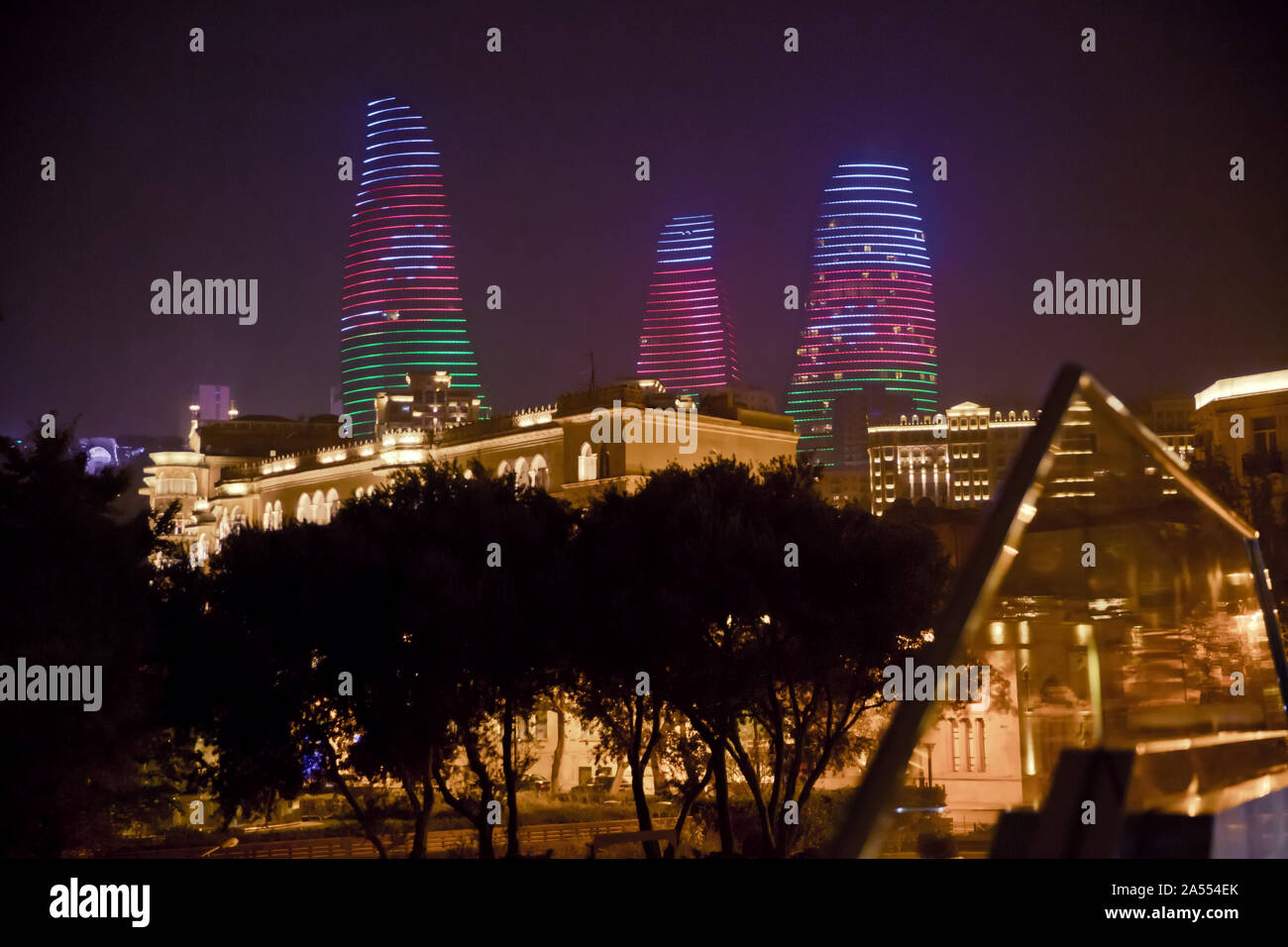 Night view of Baku with skyscrapers of the Flame Towers . It is the ...