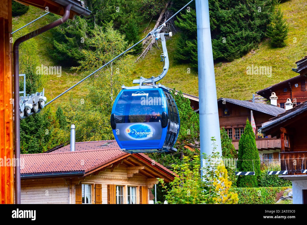 Kandersteg, Switzerland - October 17, 2019: Cable car cabin to lake ...