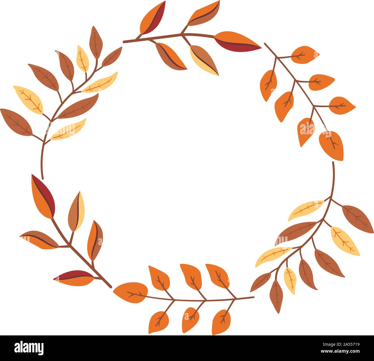Bright colorful autumn branches circle frame for design on white, stock ...