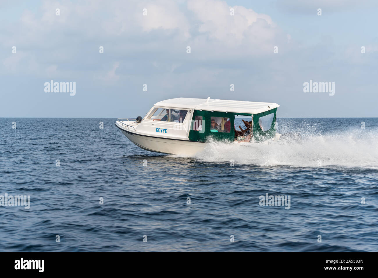 Maafushi Island, Maldives - November 17, 2017: Tourist speed boat fast ...