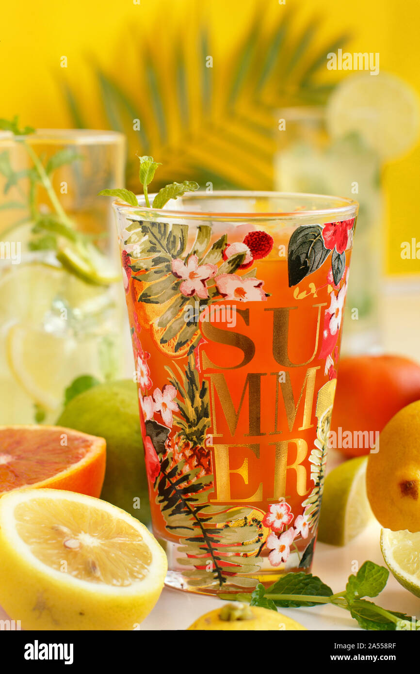 Homemade refreshing lemonade made from citrus fruits close up Stock ...