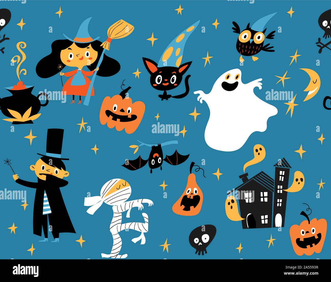 Vector seamless pattern for Halloween with funny cartoon characters ...
