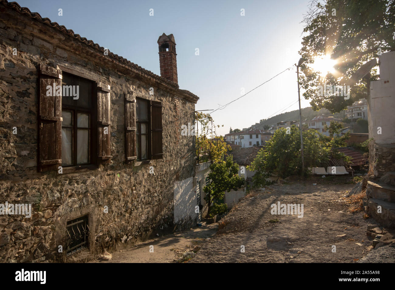 Historic old greek houses close-up. There's the sky and the electric ...
