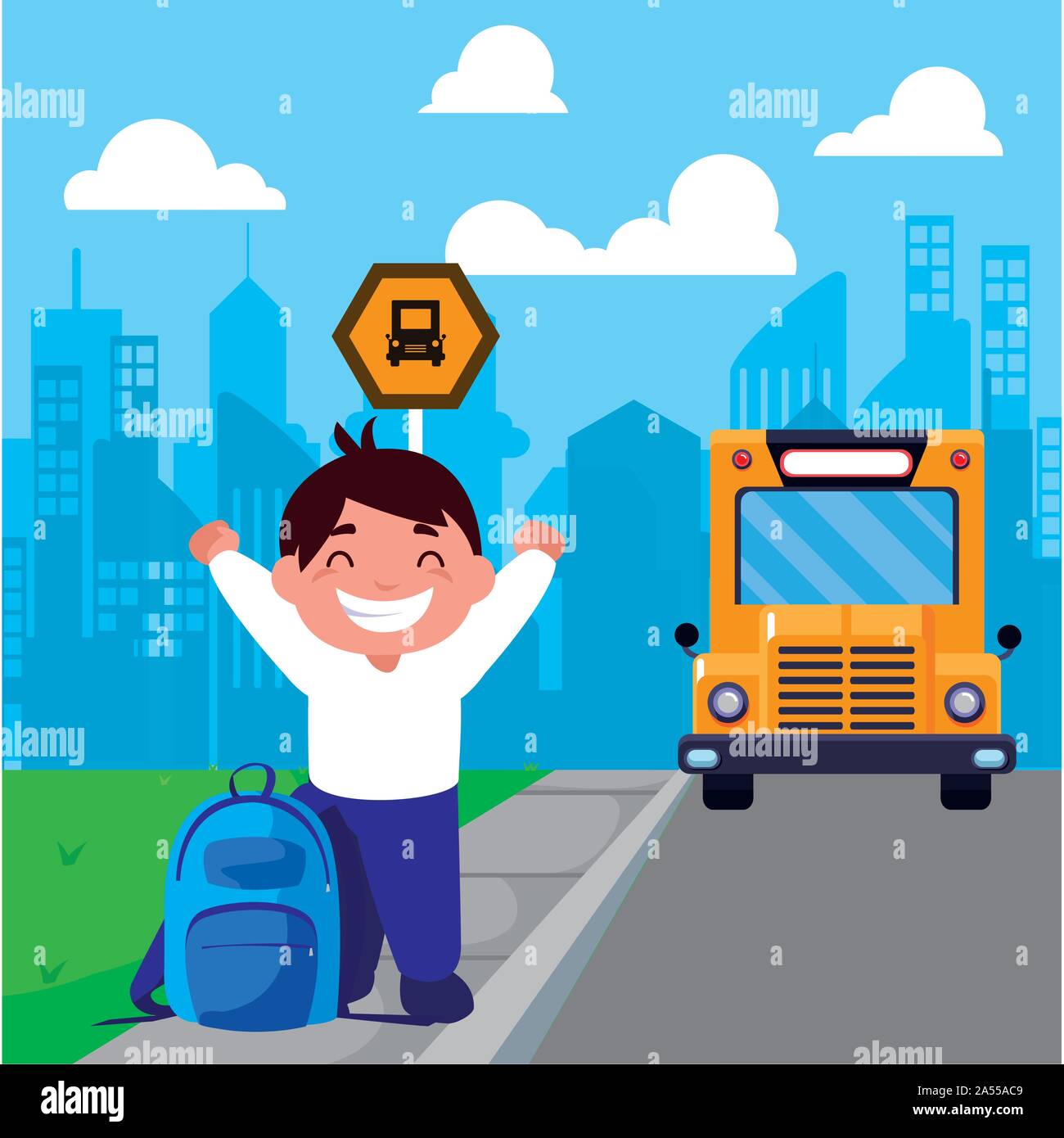 student boy at the bus stop with background city vector illustration ...
