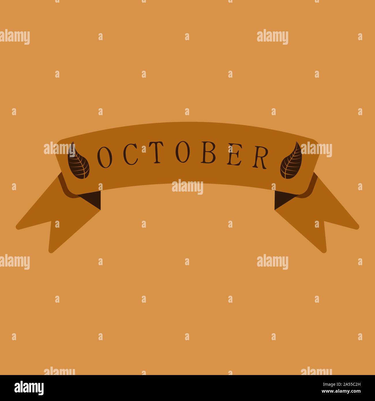 Orange background, ribbon with october inscription and autumn leaves ...