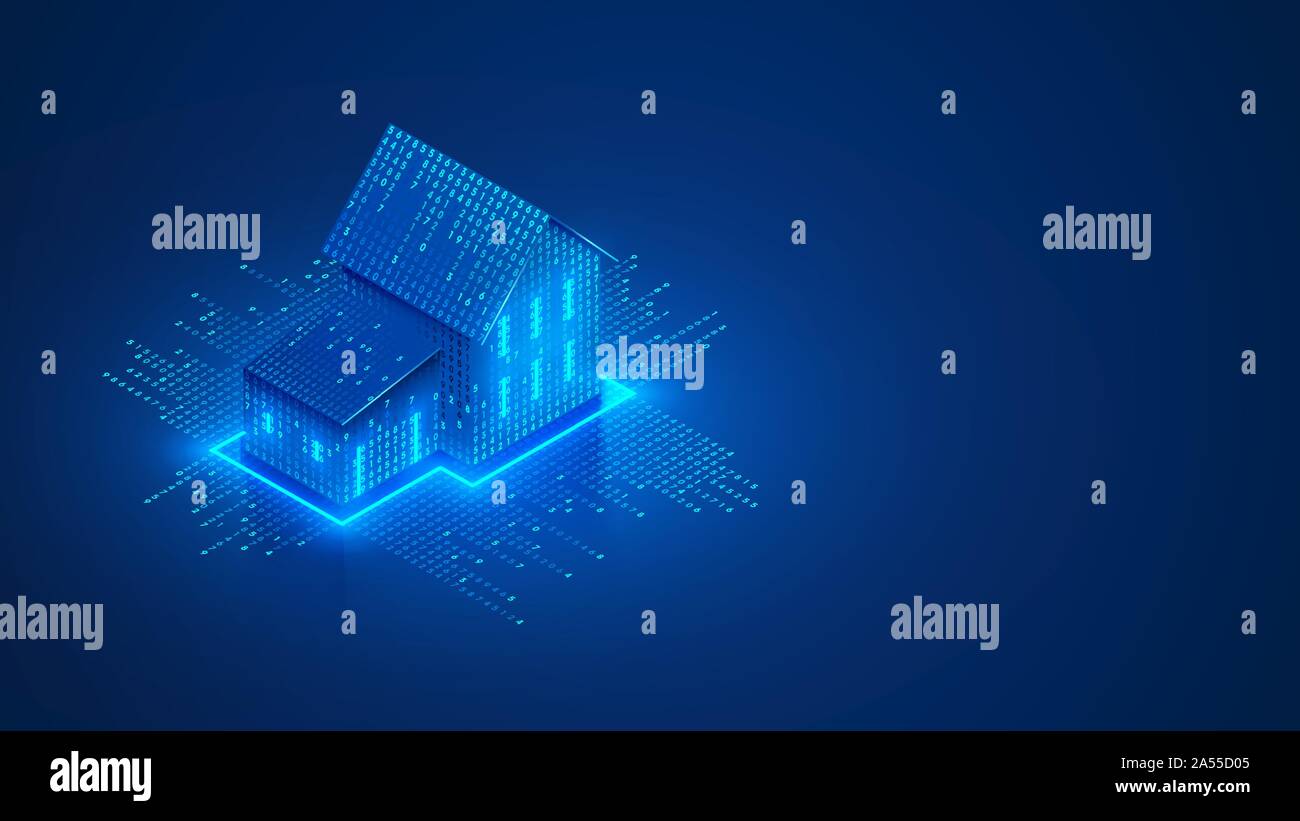 Smart home isometric concept. Private house consists digits code. Cyber ...