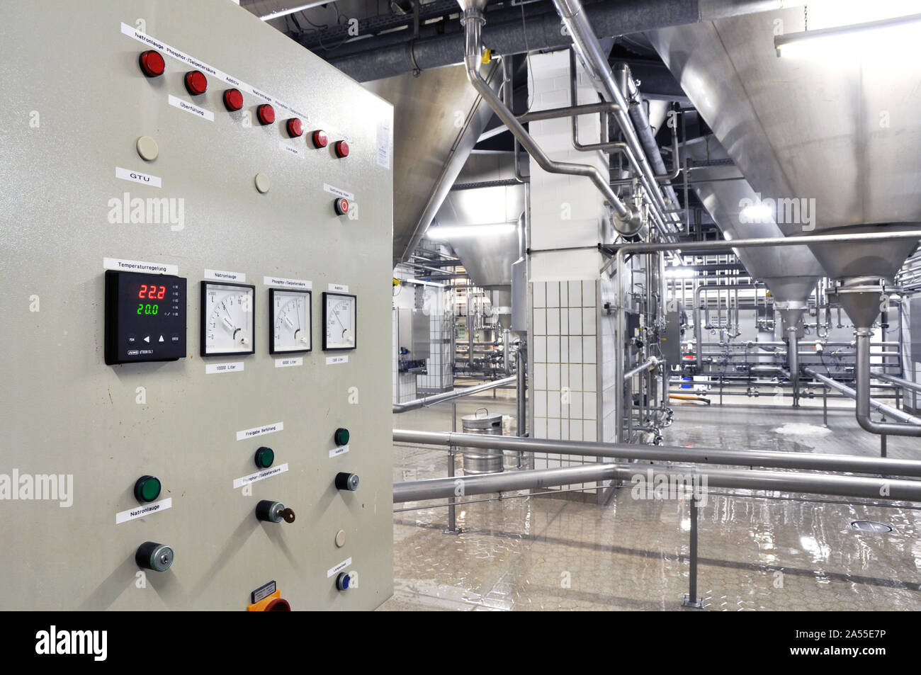 Industrial plant in a modern brewery - technology in a factory building ...