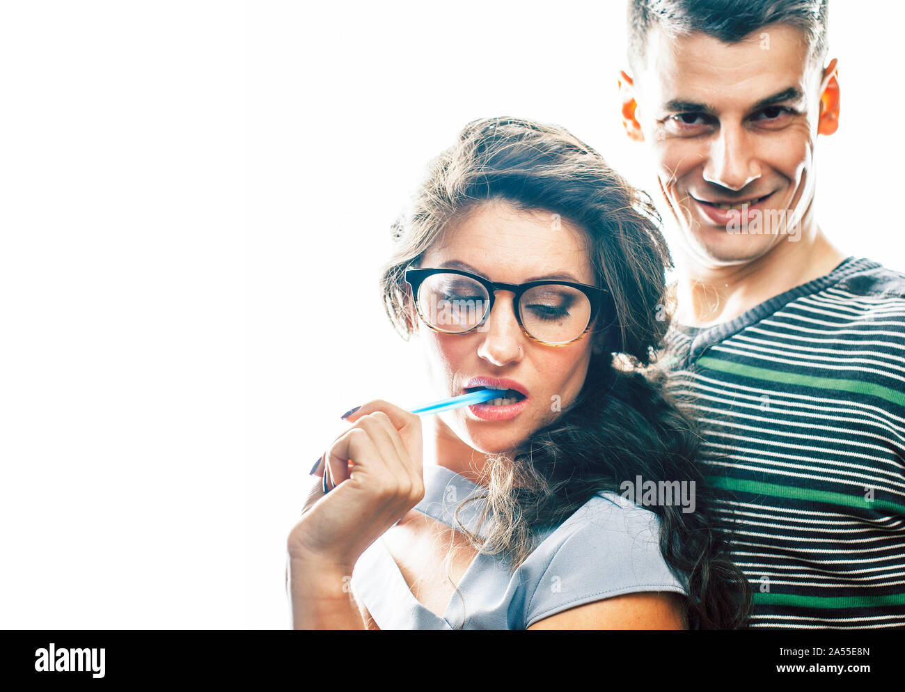 love affair at work, young pretty couple, man and woman together ...