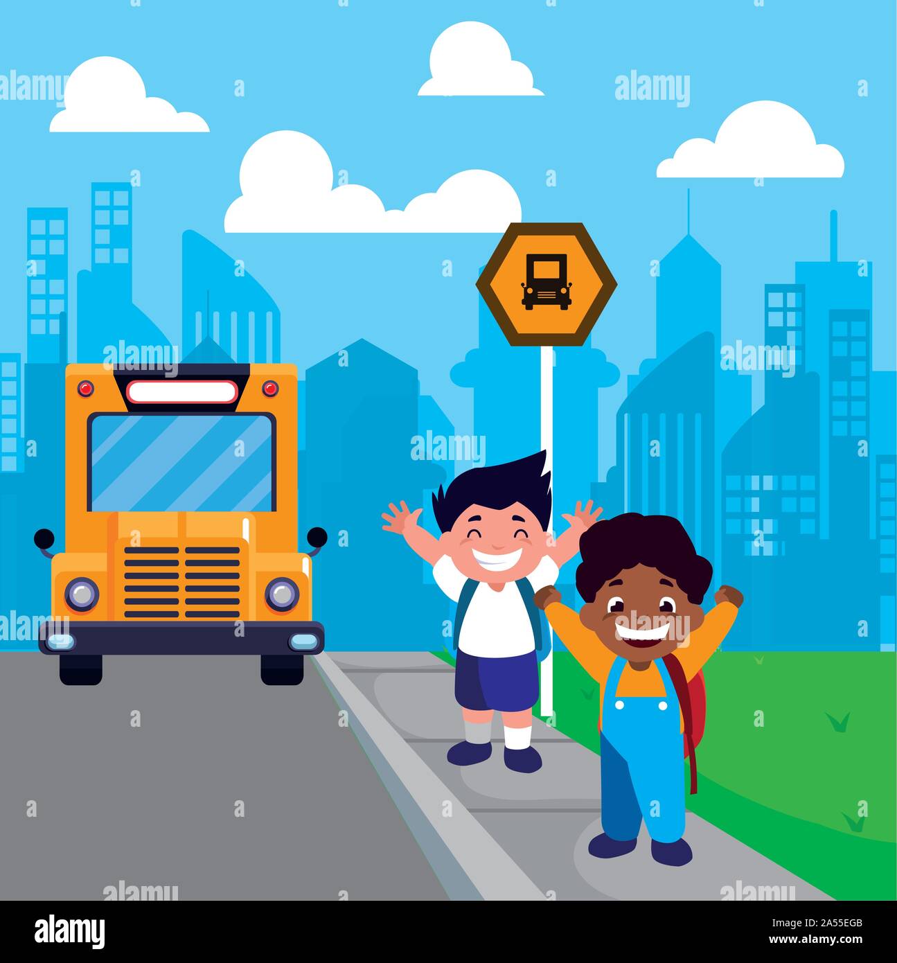 student boys at the bus stop with background city vector illustration ...