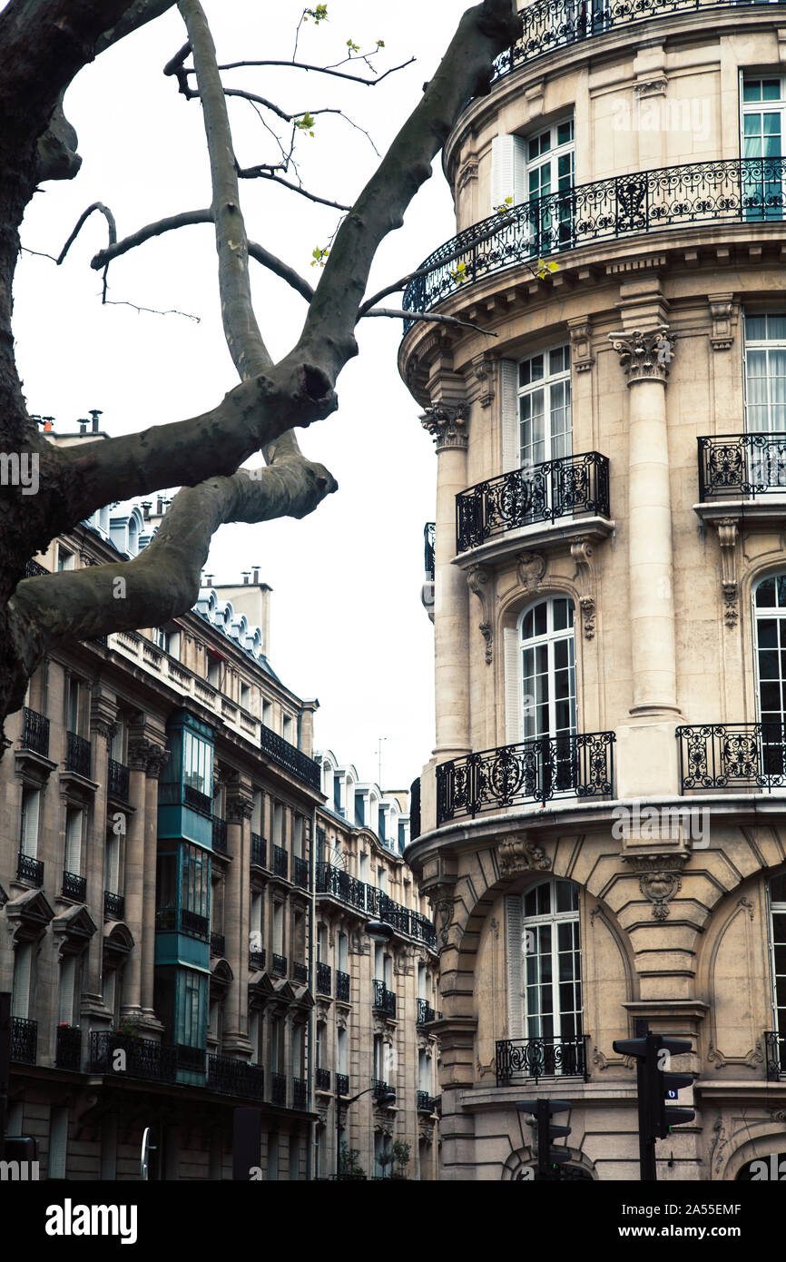 houses on french streets of Paris. citylife concept, black balcony lace ...