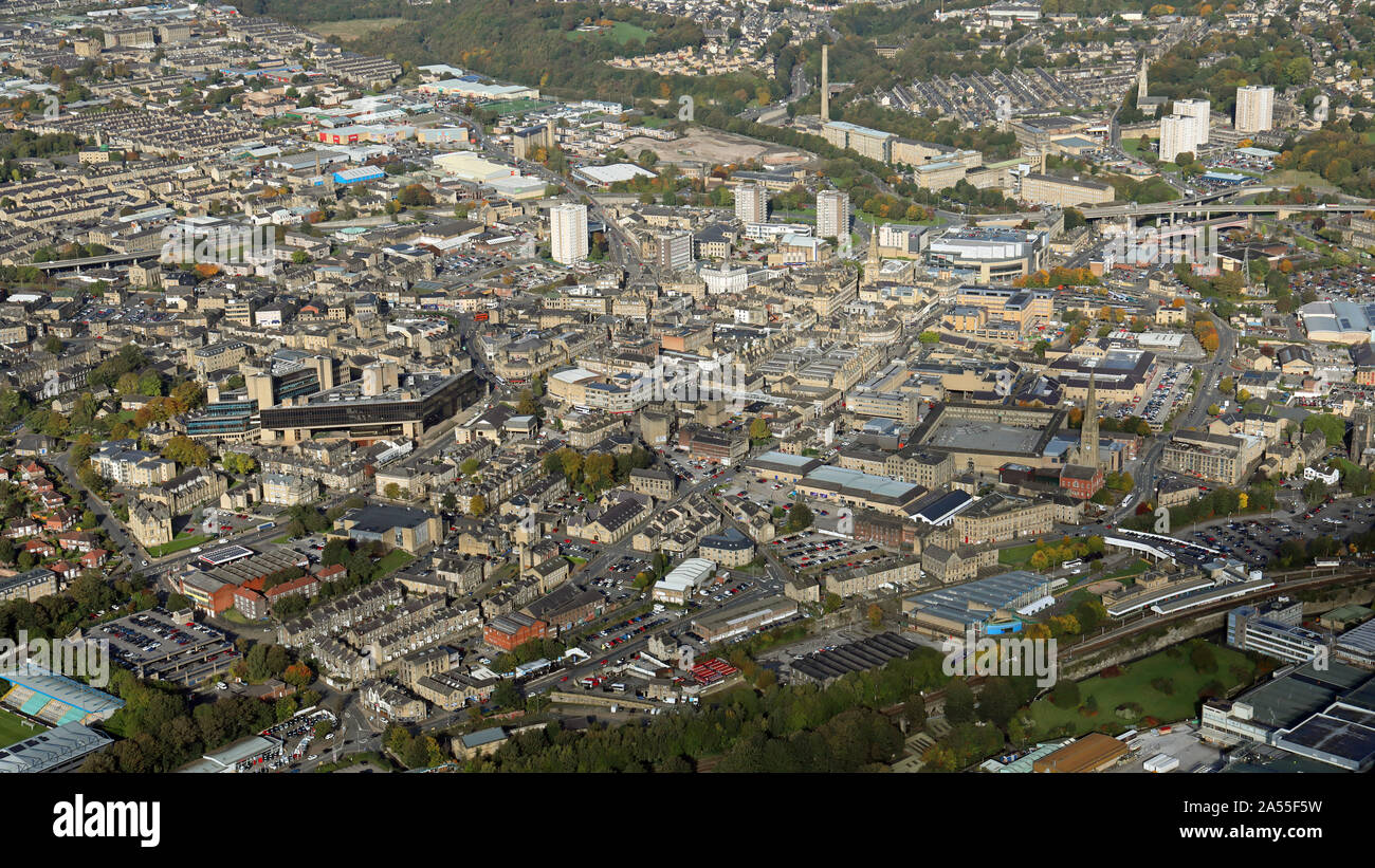 aerial view of the Halifax skyline and town centre, West Yorkshire, UK ...