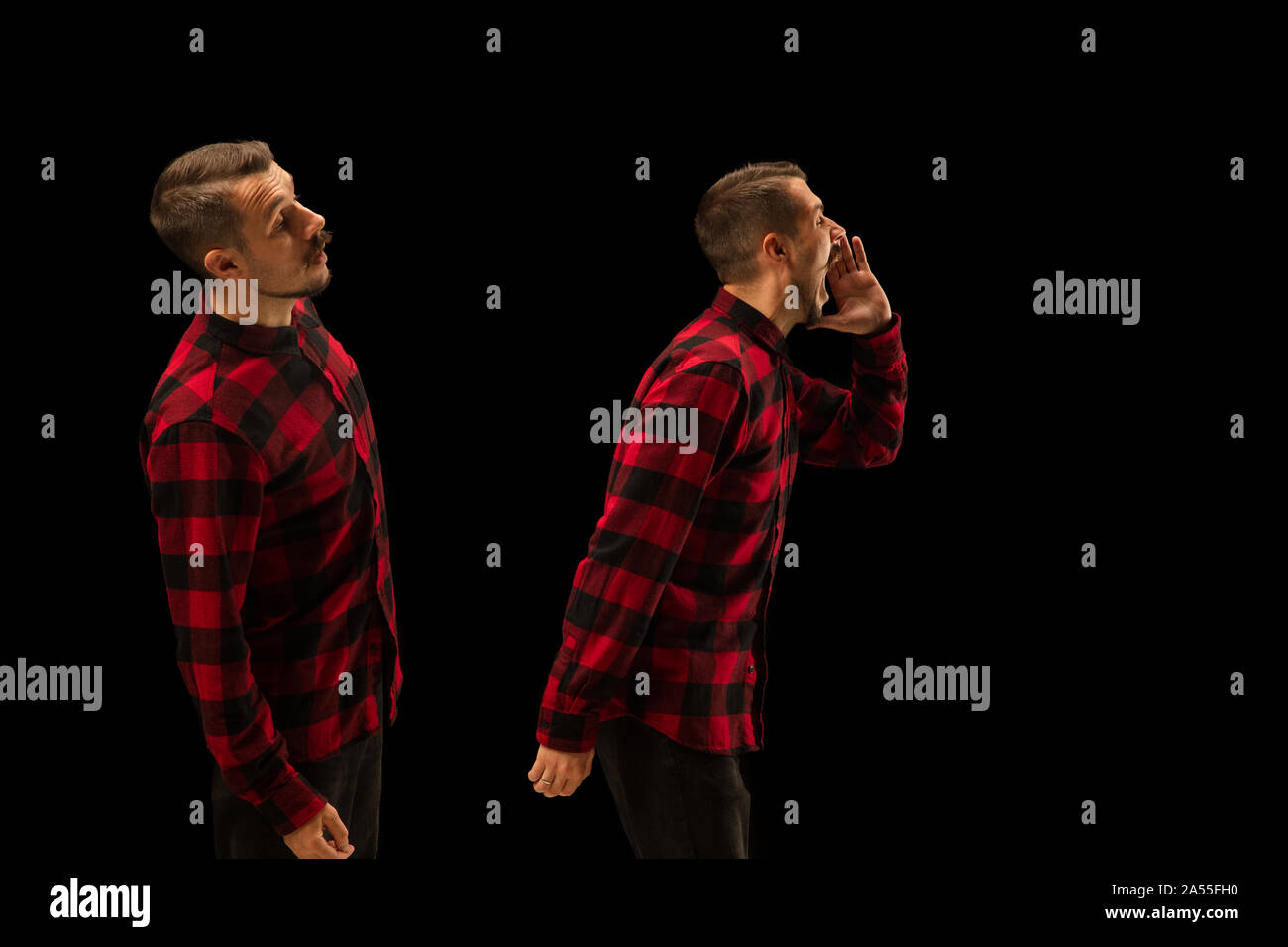 Young handsome man arguing with himself on black studio background ...