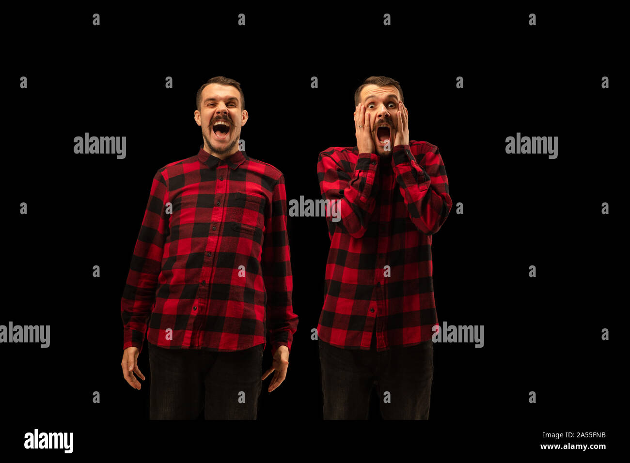 Young handsome man arguing with himself on black studio background ...