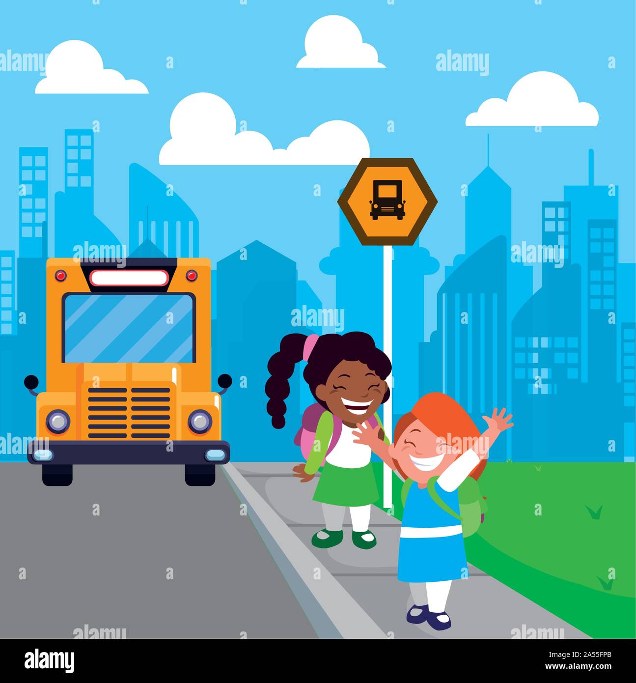 student girls at the bus stop with background city vector illustration ...