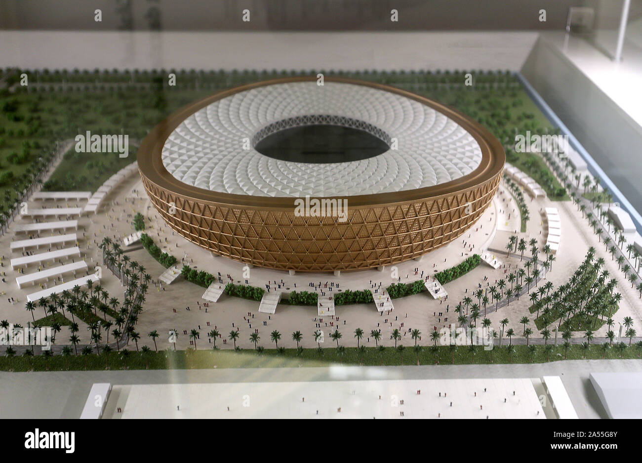 A model of the Lusail Stadium behind glass at the Al Bidda Tower, Doha ...