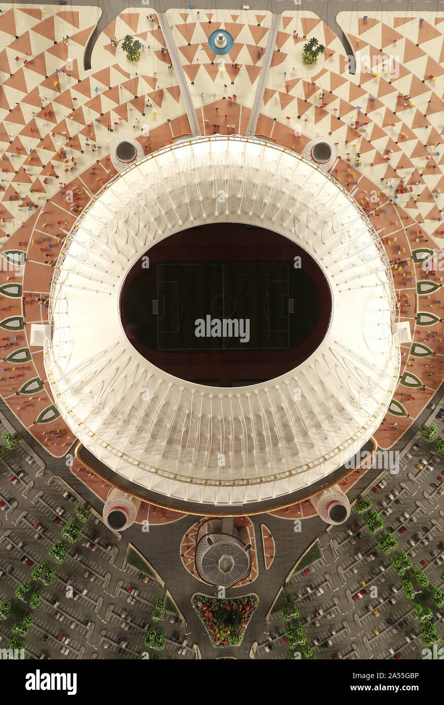 A model khalifa international stadium behind glass al bidda tower hi ...