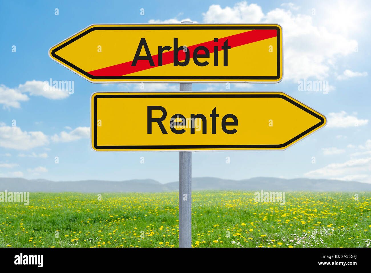 Two direction signs - Work or Retirement - Arbeit oder Rente (german ...