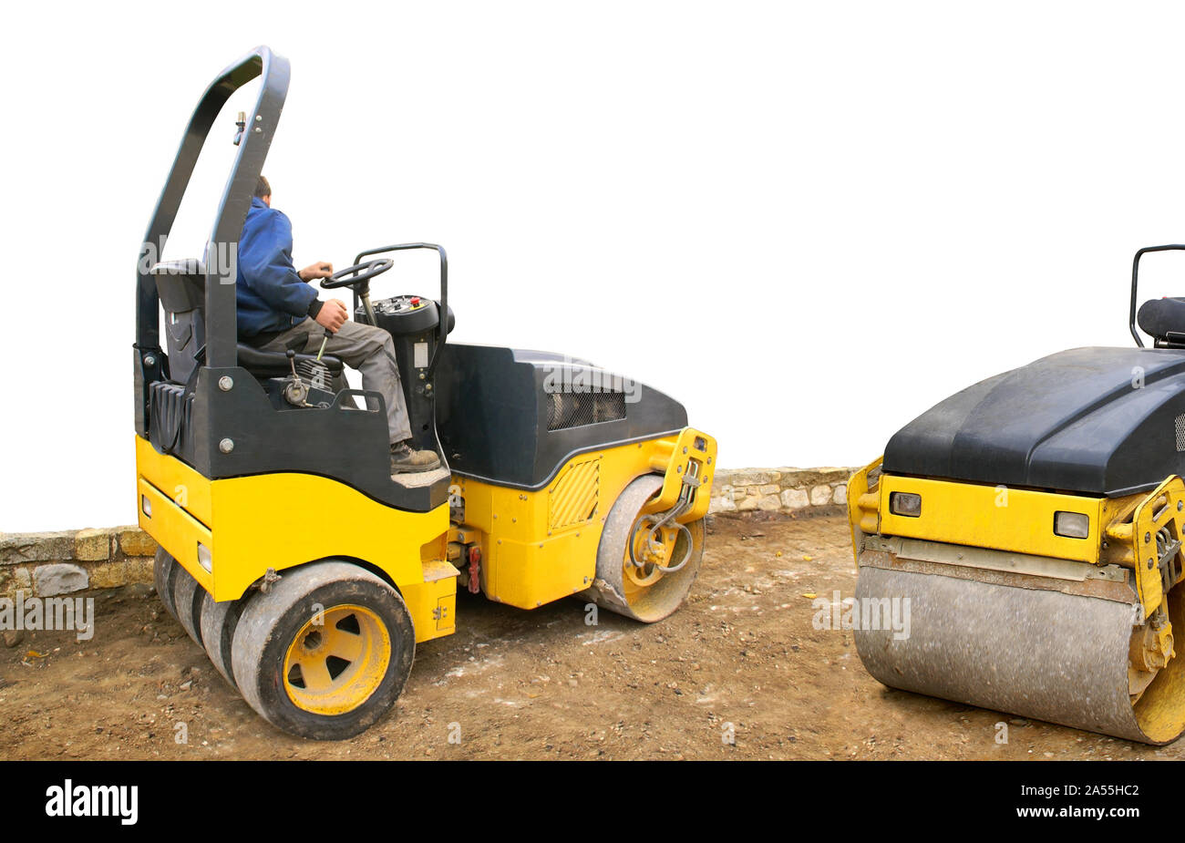 Compressor rollers driving the pavement on a white background Stock ...