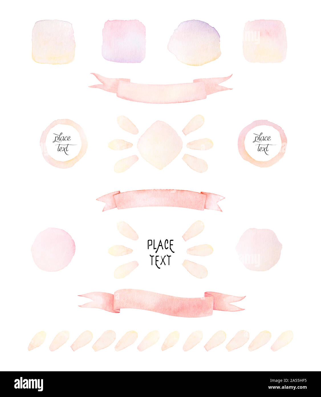 Watercolor. Ribbons, spots, badges, squares, circles. Vintage ribbons ...